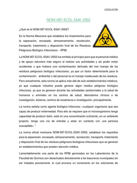 Nom 087 Ecol Ssa1 2002 Pdf Residuos Bienestar