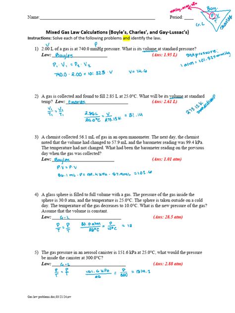 Gas Laws Practice Worksheet Pdf Gases Pressure