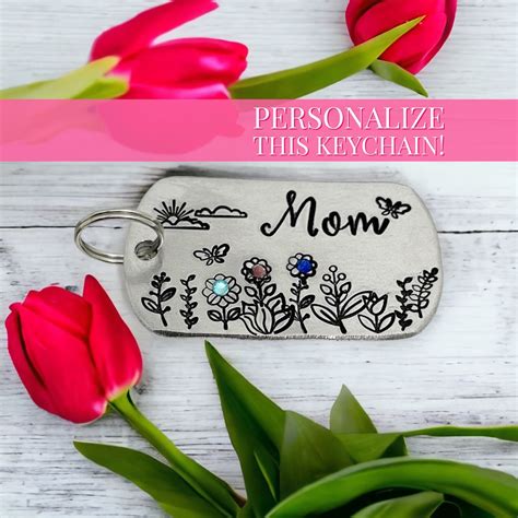 T For Mom Custom Flower Keychain With Birthstones Mothers Day T