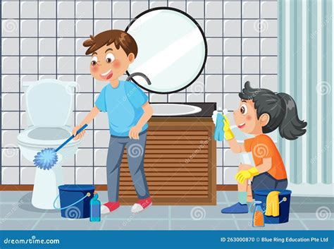 Niños De Dibujos Animados Limpiando La Casa Ilustración Del Vector
