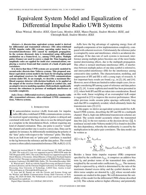 Pdf Equivalent System Model And Equalization Of Differential Impulse Radio Uwb Systems