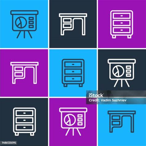 그래프 보관 용지 서랍 및 사무실 책상 아이콘으로 라인 보드를 설정합니다 벡터 0명에 대한 스톡 벡터 아트 및 기타 이미지