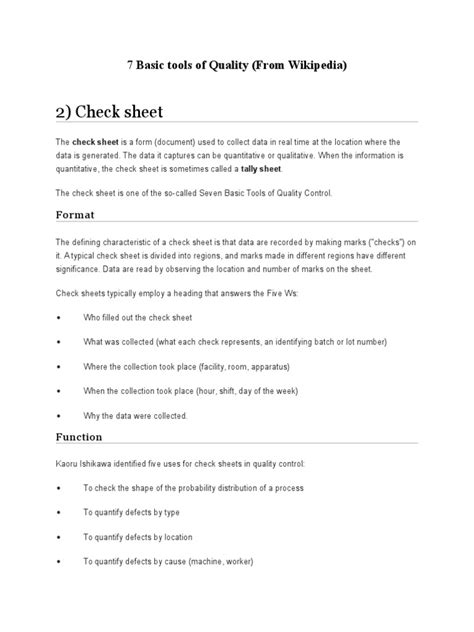 2 Check Sheet 7 Basic Tools Of Quality From Wikipedia Pdf