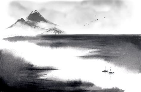 큰 강에 산과 어선과 미니멀 한 잉크 워시 페인팅 풍경 일본의 전통 잉크 워시 페인팅 스미e 벡터에 대한 스톡 벡터 아트 및