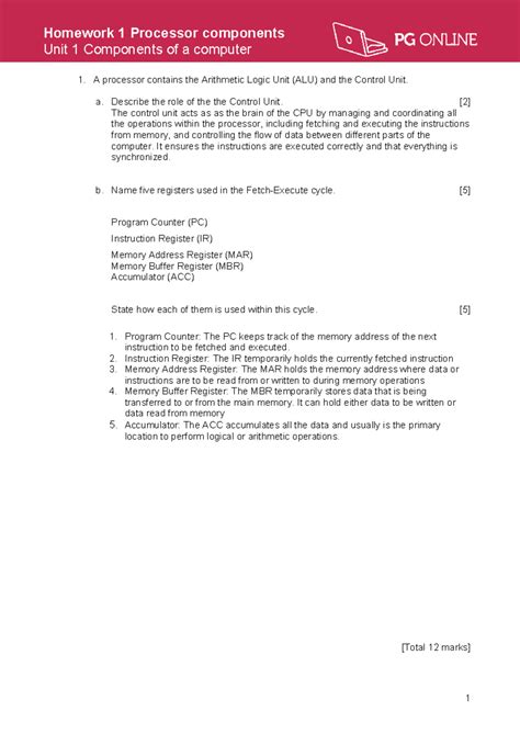 Computer Components Homework 1 Unit 1 Components Of A Computer 1 A Processor Contains The