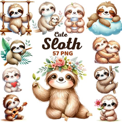 Cute Sloth Clipart Watercolor Sloth Nursery Spring Woodland Animal