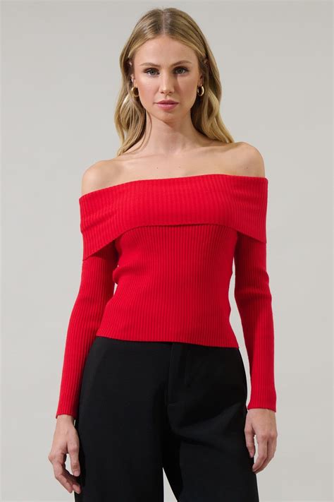 Perrey Off The Shoulder Sweater Red Off The Shoulder Curvy