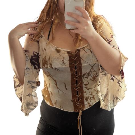 Vintage Cream Corset Style Lace Up Mesh Top Depop