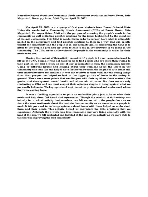 Narrative Report About The Community Needs Assessment Conducted In