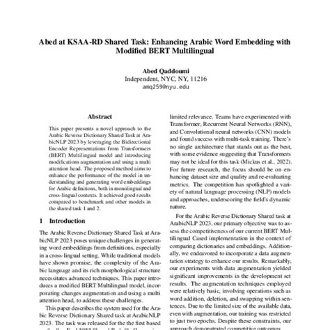 Abed At Ksaa Rd Shared Task Enhancing Arabic Word Embedding With Modified Bert Multilingual