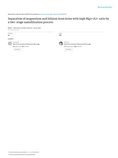 Separation Of Magnesium And Lithium From Brine With Pdf Membrane Environmental Engineering