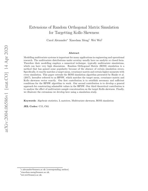 Pdf Extensions Of Random Orthogonal Matrix Simulation For Targetting Kollo Skewness