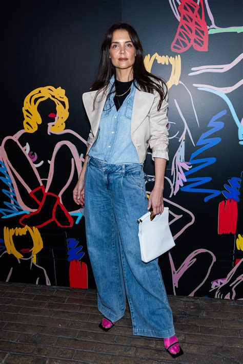 Katie Holmess Double Denim And Pink Tights Are So Wrong Its Right Vogue
