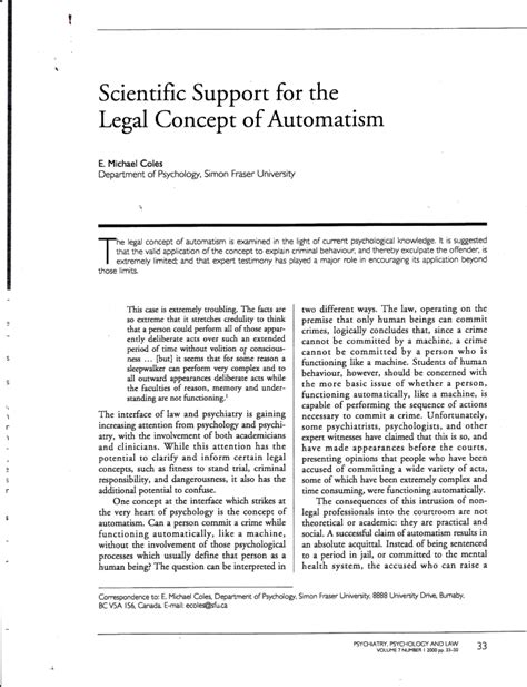 Pdf Scientific Support For The Legal Concept Of Automatism