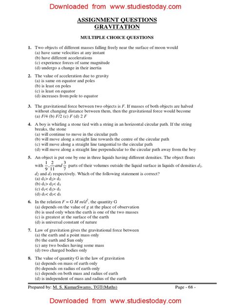 Cbse Class 9 Physics Worksheet Gravitation Pdf Mass Weight
