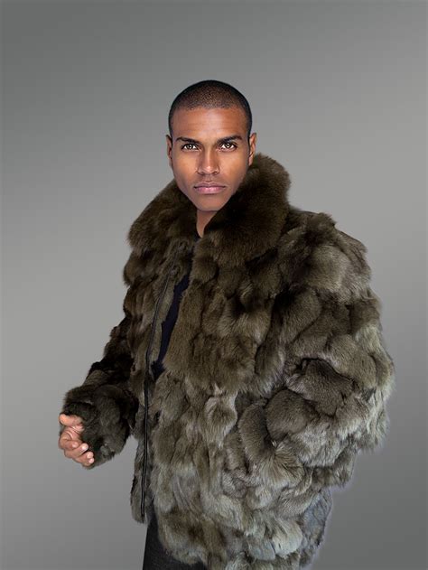 Mens Olive Green Bomber Of Fox Fur