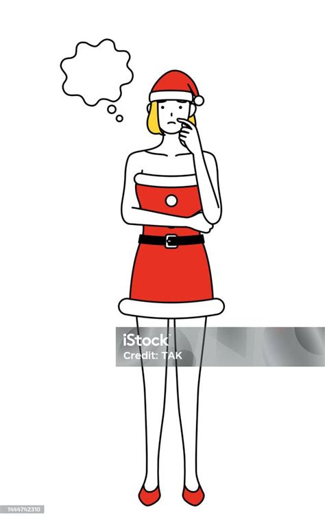 산타클로스 옷을 입은 여자가 얼굴을 긁으면서 생각하는 간단한 선 그리기 그림 12월에 대한 스톡 벡터 아트 및 기타 이미지 12월 걱정하는 광고모델 Istock