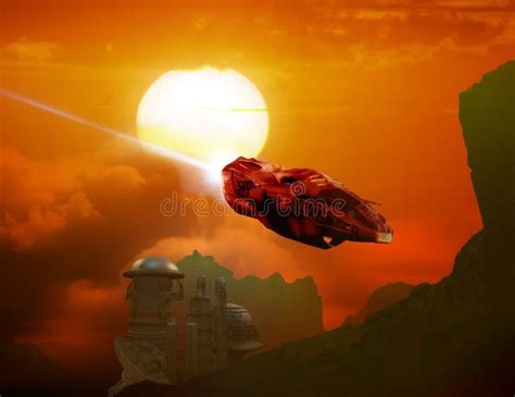 Futuristic Spaceship Base On Rocky Planet Or Earth Stock Illustration Illustration Of Engine