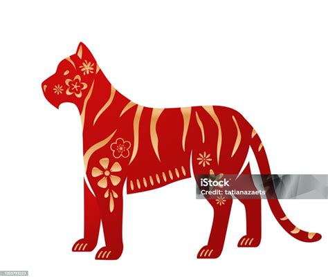 줄무늬 꽃 행복한 중국 새해 인사 축하를위한 디자인 요소와 빨간 금 호랑이 흰색으로 격리됩니다 벡터 일러스트레이션 0명에 대한 스톡 벡터 아트 및 기타 이미지 Istock