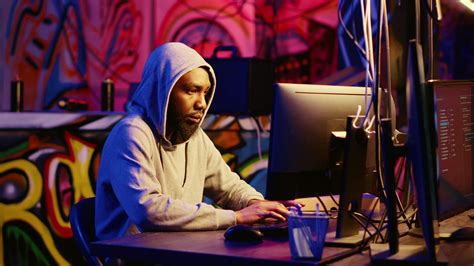 Portrait Of African American Hacker In Abandoned Warehouse Using Phishing Technique That Tricks