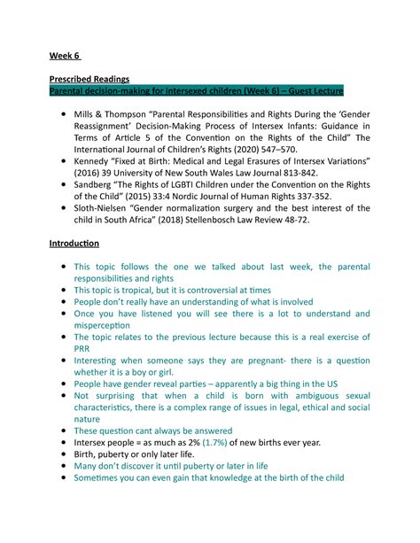 Week Notes Intersexed Prr Week Prescribed Readings Parental Decision Making For