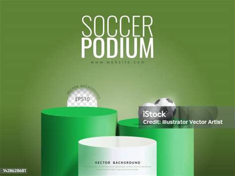 축구 제품 전시 개념 녹색 배경에 공을 가진 세 단계 녹색과 백색 연단 벡터 일러스트 레이 션 강단에 대한 스톡 벡터 아트 및 기타 이미지 Istock