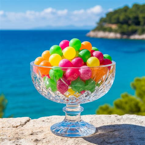 Конфетки Монпасье в хрустальной вазочке на фоне Лазурного моря