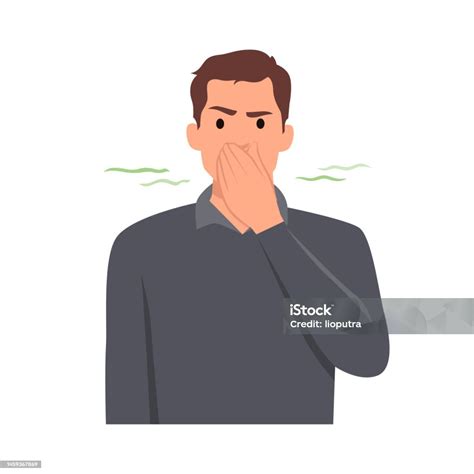코에 손가락을 들고 불행한 청년 악취에 대해 손으로 숨을 가리는 트렌디한 사람 흰색 배경에 격리된 평면 벡터 그림 불쾌한 냄새에 대한 스톡 벡터 아트 및 기타 이미지