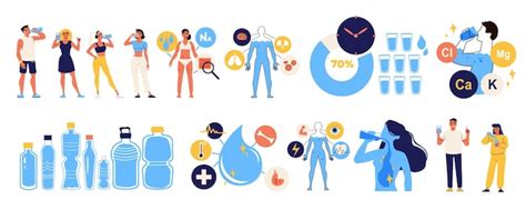 낙서 인간 문자 벡터 일러스트와 함께 물 절약 및 폐기 아이콘의 고립 된 구성으로 설정된 식수 무료 벡터