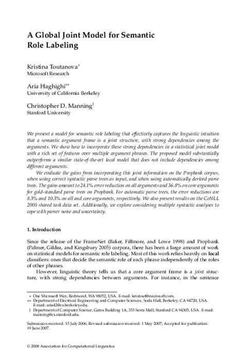 Pdf A Global Joint Model For Semantic Role Labeling