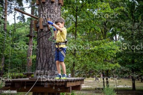 로프 공원에서 야외에서 놀고 강한 흥분 어린 소년 따뜻한 화창한 날에 캐주얼 한 옷과 운동화를 입은 백인 어린이 어린이 컨셉으로 활동적인 여가 시간 8 9 살에 대한 스톡