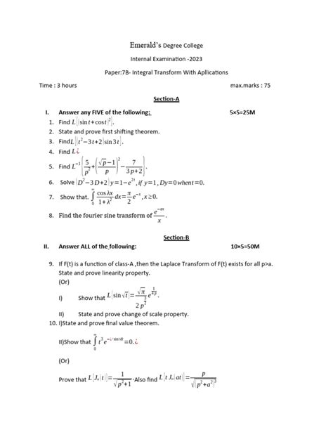 Integral Transforms With Applications Question Paper Pdf