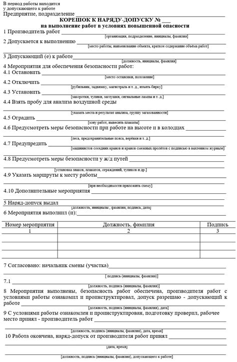 Приложение 19 Форма наряда допуска на выполнение работ в условиях