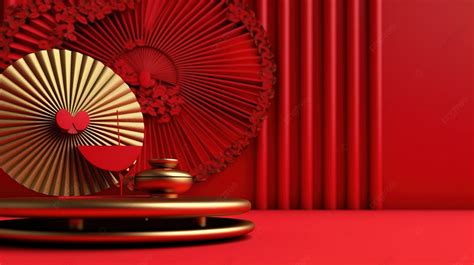 금화와 종이 팬을 특징으로 하는 중국의 새해 테마와 현대적인 빨간색 플랫폼이 있는 추상 배경의 3d 렌더링 제품 플랫폼 3d 플랫폼 받침대 배경 일러스트 및 사진 무료