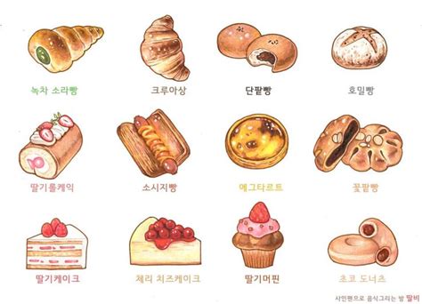 An Image Of Different Types Of Breads And Pastries In Korean Writing On A White Background
