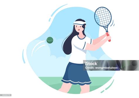 손에 라켓을 들고 코트에서 공을 가진 테니스 선수 플랫 카툰 일러스트레이션에서 스포츠 경기를하는 사람들 Championship에 대한 스톡 벡터 아트 및 기타 이미지