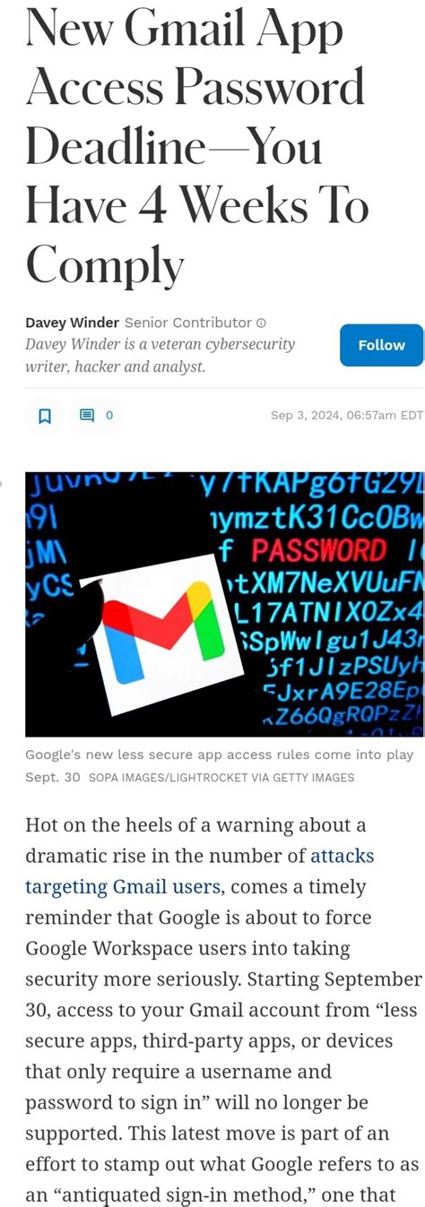 New Gmail App Access Password Deadline—you Have 4 Weeks To Comply