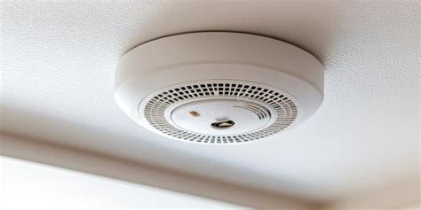 Modern Smoke Detector Mounted On White Ceiling With Gridded Sensor And