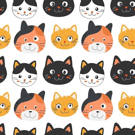 Cats Seamless Pattern Colorful Cartoon Style Cat Head Smile Face High