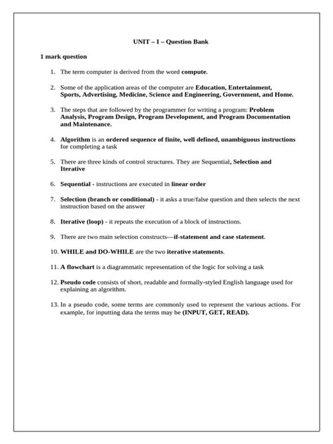 Question Bank Unit I Pdf Computer Program Programming