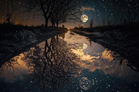 Puddle Filled With Twinkling Reflections Of The Night Sky Premium Ai Generated Image