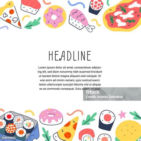 페퍼로니 피자 스시 롤 맛있는 배달 레스토랑 메뉴 커버 복사 공간이있는 벡터 프레임 낙서 만화의 손으로 그린 그림이있는 패스트 푸드 템플릿 테두리 배경 공란에 대한 스톡