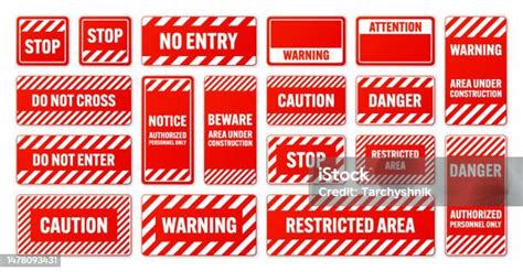 대각선이있는 다양한 흰색 및 빨간색 경고 표지판 주의 위험 또는주의 표지판 건설 현장 표지판 현실적인 통지 간판 경고 배너 도로 방패 벡터 그림 저지선 테이프에 대한 스톡
