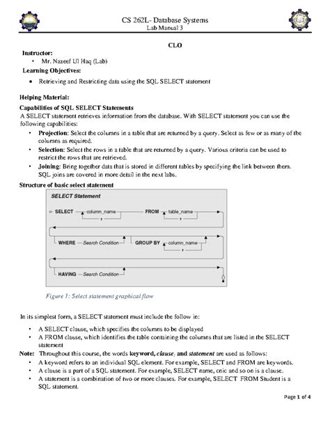 Lab Manual Week Lab Work CS L Database Systems Lab Manual Instructor Mr Nazeef