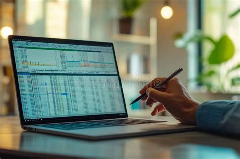 Analyzing Data On A Sleek Laptop In A Modern Workspace Filled With Greenery Generative Ai Stock