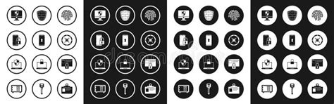 Set Fingerprint Smartphone With Lock Closed Padlock Computer Monitor And Shield Safe Shield