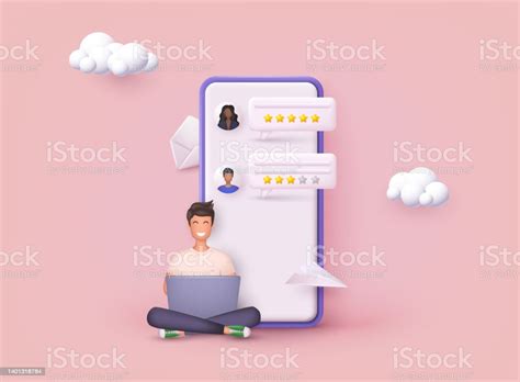 남자는 별 피드백을 준다 벡터 고객 검토 개념 좋은 비율과 나쁜 비율과 텍스트로 별을 검토합니다 3d 웹 벡터 일러스트레이션 피드백에 대한 스톡 벡터 아트 및 기타 이미지