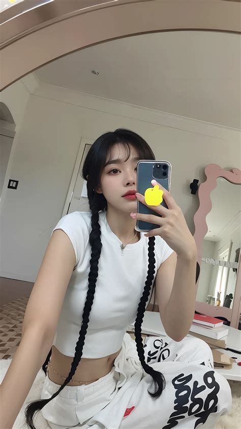 거울 앞에서 셀카를 찍고 있는 긴 검은 머리의 아라페 소녀 SeaArt AI