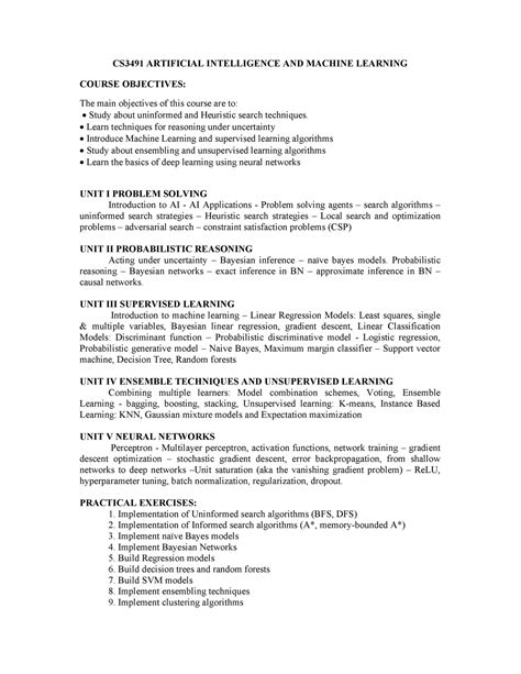 Aiml Unit 1 Nil Cs3491 Artificial Intelligence And Machine Learning Course Objectives The