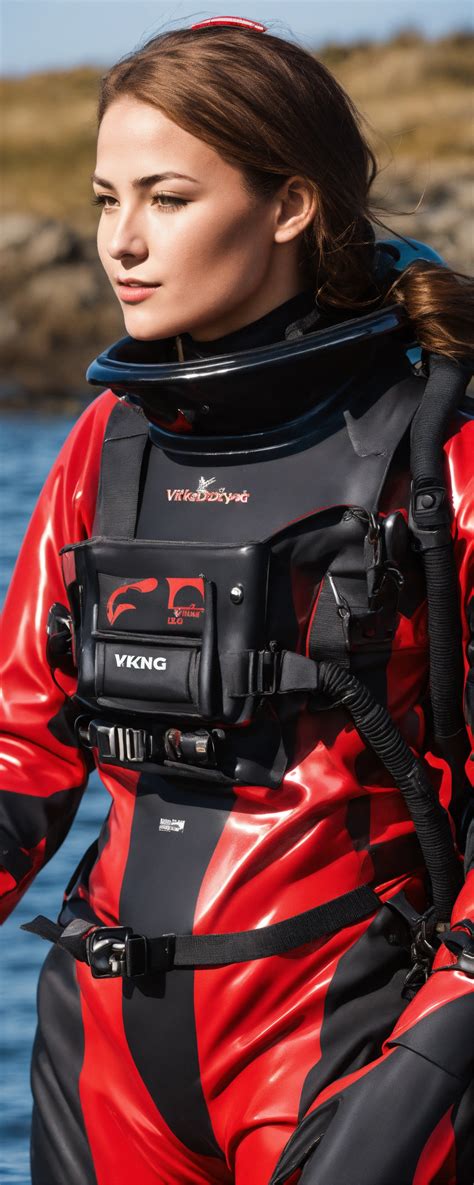 Lexica Female Diver In Red And Black Glossy Viking Drysuit